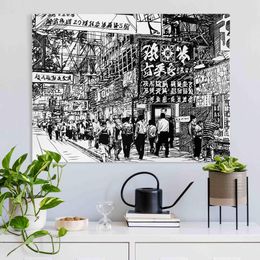 Bilderwelten Leinwandbild Illustration Kunstdruck schwarz weiss - Schwarzwei&szlig;e Zeichnung Asiatische Stra&szlig;e II - Wandbild XXL Jugendzimmer