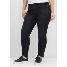 sheego Stretch-Jeans Große Größen mit Gummibund und Fransensaum, schwarz