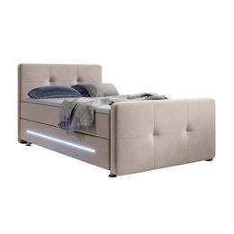 Juskys Boxspringbett Houston 120x200 cm - Bett mit LED, Topper & Federkern-Matratze – Stoff Beige