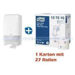 Tork 32127510 Toilettenpapierspender Set MidiSpender, Papier Tork T6 Midi Spender u. ein Karton Toilettenpapier, 27 Stück