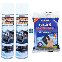 Globo Kaminscheibenreiniger Set RAKSO Glas Intensiv Pad 2x Kaminscheibenreiniger Reinex 400 ml und 1x RAKSO Glas Pad