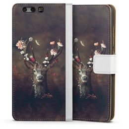 DeinDesign Handyhülle Rehe Rentier Blumen Fauna Flora Deer, Huawei P10 Hülle Handy Flip Case Wallet Cover Handytasche Leder, weiß