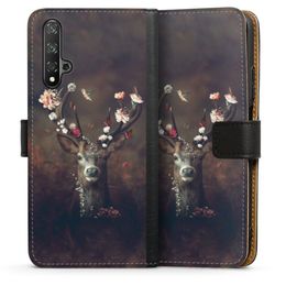 DeinDesign Handyhülle Rehe Rentier Blumen Fauna Flora Deer, Huawei Nova 5T Hülle Handy Flip Case Wallet Cover Handytasche Leder, schwarz