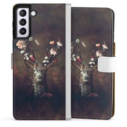 DeinDesign Handyhülle Rehe Rentier Blumen Fauna Flora Deer, Samsung Galaxy S21+ 5G Hülle Handy Flip Case Wallet Cover, weiß