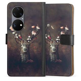 DeinDesign Handyhülle Rehe Rentier Blumen Fauna Flora Deer, Huawei P50 Pro Hülle Handy Flip Case Wallet Cover Handytasche Leder, schwarz