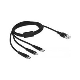 Delock USB Ladekabel, USB-A Stecker > USB-C + Micro USB + Lightning Stecker schwarz, 1 Meter, gesleevt, nur Ladefunktion
