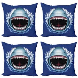 Abakuhaus Kissenbezüge Modern Accent Doppelseitiger Digitaldruck, (4 Stück), Hai Angriff Open Mouth Biss, blau|grau, 40 cm x 40 cm