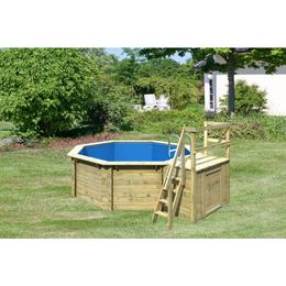 Karibu Achteck Massivholz Pool 358 x 358 x 124 cm Modell 1B SET inkl. Sonnenterrasse 94,5 x 166 cm, Zubehör und Pool Leitern