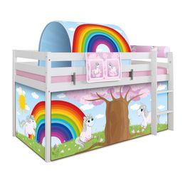 Ticaa Hochbett "Einhorn Rainbow" inkl. Zubehör Kiefer weiß