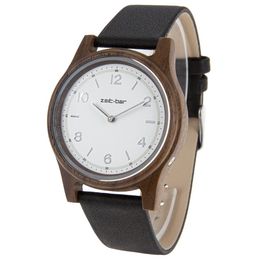Zeit-Bar Funk-Armbanduhr, Holz-Gehäuse, Leder-Uhrband
