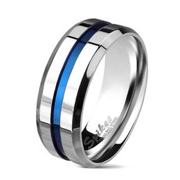 BUNGSA Fingerring Ring mit blauem Streifen und abgeschrägten Kanten Silber aus Edelstahl (Ring