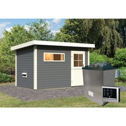 Karibu Saunahaus "Ondo 1" SET terragrau mit Ofen 9 kW ext. Strg, Kabel, Dachfolie, Fenster