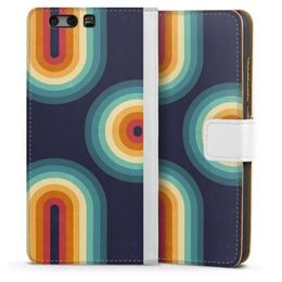 DeinDesign Handyhülle Retro bunt Regenbogen Double Rainbow on Blue, Huawei P10 Hülle Handy Flip Case Wallet Cover Handytasche Leder, weiß