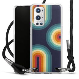 DeinDesign Handyhülle Retro bunt Regenbogen Double Rainbow on Blue, OnePlus 9 Pro Handykette Hülle mit Band Case zum Umhängen, weiß