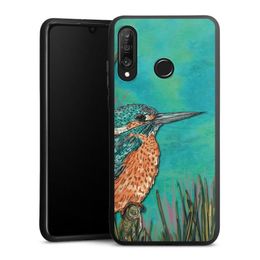 DeinDesign Handyhülle Tiere Vogel Malerei Kingfisher, Huawei P30 Lite Silikon Hülle Premium Case Handy Schutzhülle, schwarz