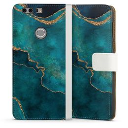 DeinDesign Handyhülle Glitzer Look Marmor Kunst Gemstone Glamour teal, Huawei Honor 8 Hülle Handy Flip Case Wallet Cover Handytasche Leder, weiß