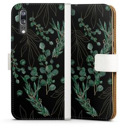 DeinDesign Handyhülle Eukalyptus Blätter Natur Eukalyptusblätter Black, Huawei P20 Hülle Handy Flip Case Wallet Cover Handytasche Leder, weiß