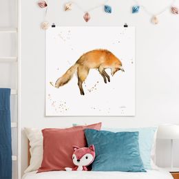 Bilderwelten Poster Tiere weiss modern Aquarell - Springender Fuchs - Kinderzimmer Baby M&auml;dchen Jungen