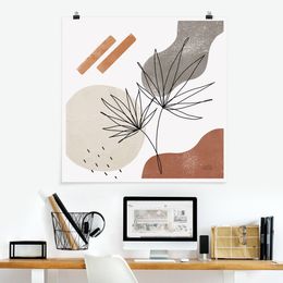 Bilderwelten Poster originell grau Line Art matt gl&auml;nzend selbstklebend - F&auml;cherpalme Lineart und Terracotta Farben - Wohnzimmer Schlafzimmer