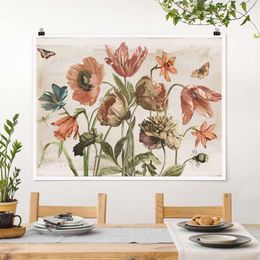 Bilderwelten Poster Blumen beige Illustration matt gl&auml;nzend selbstklebend - Antiquarische Bl&uuml;ten - Blumenwiese Wohnzimmer Schlafzimmer