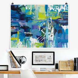Bilderwelten Poster originell blau Abstrakt matt gl&auml;nzend selbstklebend - Sequenz in blau und gr&uuml;n - Wohnzimmer Schlafzimmer