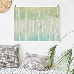 Bilderwelten Poster Wald gr&uuml;n modern matt gl&auml;nzend selbstklebend - Birkenwald bei Sonnenaufgang - B&auml;ume Wohnzimmer Schlafzimmer