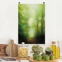 Bilderwelten Poster Wald gr&uuml;n modern matt gl&auml;nzend selbstklebend - Waldspaziergang im Nebel - B&auml;ume Wohnzimmer Schlafzimmer
