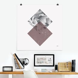 Bilderwelten Poster originell grau Illustration matt gl&auml;nzend selbstklebend - Quadrate mit Bl&uuml;te - Wohnzimmer Schlafzimmer