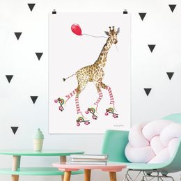 Bilderwelten Poster Tiere weiss modern matt gl&auml;nzend selbstklebend - Giraffe auf Freudenfahrt - Lustig Kinderzimmer Baby M&auml;dchen Jungen