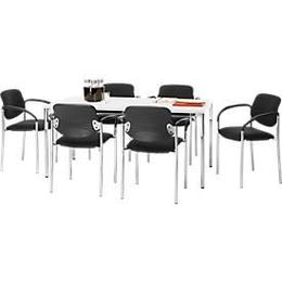 Sparset Besucherstuhl Styl, stapelbar bis 6 Stück, Bezugsstoff schwarz, Sitzmaße B 450 x T 460 x H 470 mm, 6 Stück + Konferenztisch, weiß, B 1600 x T 800 mm