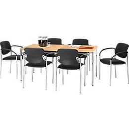 Sparset Besucherstuhl Styl, stapelbar bis 6 Stück, Bezugsstoff schwarz, Sitzmaße B 450 x T 460 x H 470 mm, 6 Stück + Konferenztisch, Buche-Dekor, B 1600 x T 800 mm