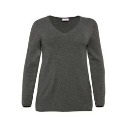 Große Größen: Pullover mit V-Ausschnitt und sheego-Applikation, grau meliert, Gr.52/54