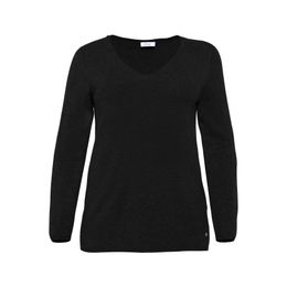 Große Größen: Pullover mit V-Ausschnitt und sheego-Applikation, schwarz, Gr.52/54