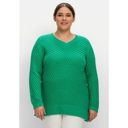 sheego Große Größen: Pullover in Wabenstruktur, mit V-Ausschnitt, blattgrün, Gr.56/58