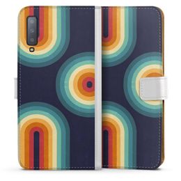 DeinDesign Handyhülle Retro bunt Regenbogen Double Rainbow on Blue, Samsung Galaxy A7 (2018) Hülle Handy Flip Case Wallet Cover, weiß