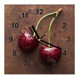 Primedeco Wanduhr Glasuhr Wanduhr Wandkunst Größe 30 x 30 cm mit Motiv Kirschpäärchen auf Tisch, Ziffernblatt: Modern