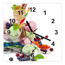 Primedeco Wanduhr Glasuhr Wanduhr Wandkunst Größe 30 x 30 cm mit Motiv Eiskugeln in Waffel, Ziffernblatt: Modern