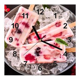 Primedeco Wanduhr Glasuhr Wanduhr Wandkunst Größe 30 x 30 cm mit Motiv Gefrorenes Joghurt am Stiel, Ziffernblatt: Modern