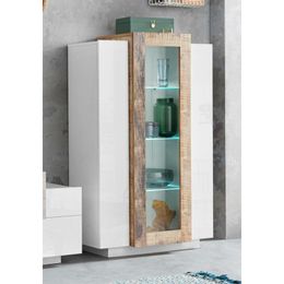 Vitrine Dfrutt, Sideboard mit drei Türen, Mehrzweck-Wohnzimmermöbel, 100% Made in Italy, cm 80x38h121, Weiß glänzend und Ahorn - Dmora