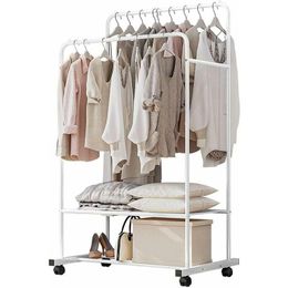 Kleiderständer auf Rollen Metall Garderobenständer mit 2 Kleiderstangen und Schuhregal, Stabil, Weiß, 80.5 x 51 x155 cm