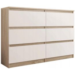 Kommode demi 120 cm mit sechs Schubladen im skandinavischen Stil, Farbe: Sonoma/White Eiche, Abmessungen: 120 cm x 39 cm x 78 cm - Weiss/Sonoma Eiche