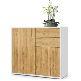 Vladon - Kommode Sideboard Anrichte Schrank Ben in Weiß - Hochglanz und Naturtöne - Front in Eiche Natur Korpus matt - Front in Eiche Natur Korpus