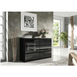 3xe Living - 3xEliving Kommode Sideboard demii mit 6 Schubladen in schwarz/schwarz in Hochglanz, 120 cm - schwarz/schwarz glanz
