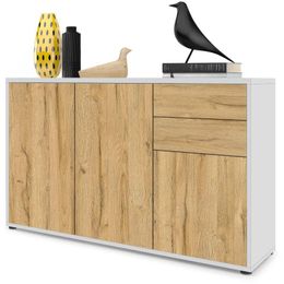 Vladon Kommode Sideboard Anrichte Schrank Ben V3 in Weiß - Hochglanz und Naturtöne - Front in Eiche Nature Korpus matt - Front in Eiche Nature Korpus matt