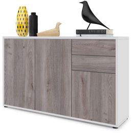 Vladon Kommode Sideboard Anrichte Schrank Ben V3 in Weiß - Hochglanz und Naturtöne - Front in Eiche Nordic Korpus matt - Front in Eiche Nordic Korpus matt