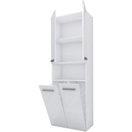 3xe Living - Badezimmerschrank Bagnoli - Standschrank mit fünf Einlegeböden und zwei Wäschekörben, Badezimmersäule, Ablage, Weiß matt/Weiß Hochglanz,