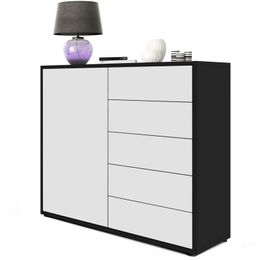 Vladon Kommode Sideboard Anrichte Schrank Ben V2 in Schwarz - Hochglanz und Naturtöne - Front in Weiß matt Korpus matt - Front in Weiß matt Korpus matt