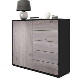 Vladon Kommode Sideboard Anrichte Schrank Ben V2 in Schwarz - Hochglanz und Naturtöne - Front in Eiche Nordic Korpus matt - Front in Eiche Nordic Korpus