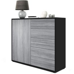 Vladon - Kommode Sideboard Anrichte Schrank Ben V2 in Schwarz - Hochglanz und Naturtöne - Front in Avola-Anthrazit Korpus matt - Front in