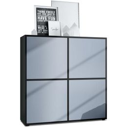 Vladon - Highboard Sideboard Kommode Schrank Cuba V2 Schwarz, Hochglanz & Naturtöne - Türen in Denim matt - Türen in Denim matt